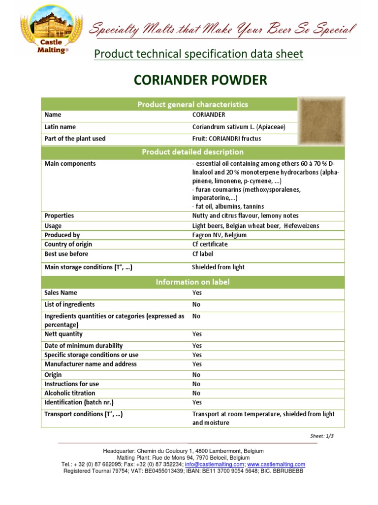 Coriander Powder: Product Technical Specification Data Sheet | PDF ...