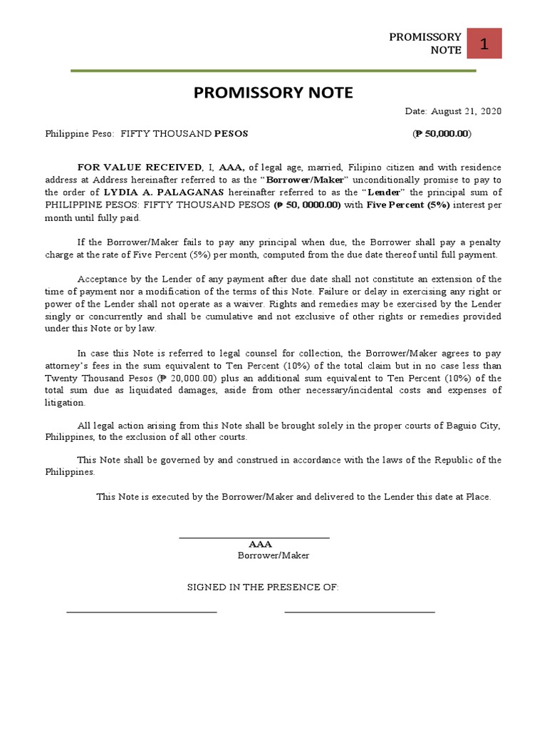 Promissory Note: FOR VALUE RECEIVED, I, AAA, of Legal Age, Married ...