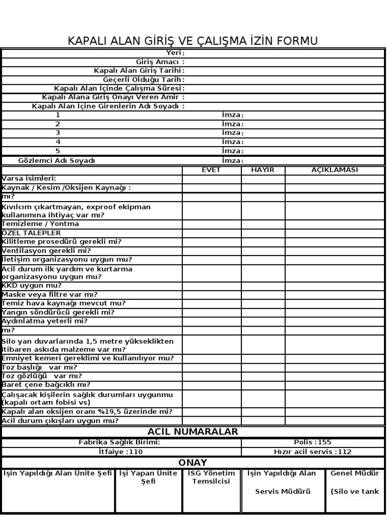 Kapali Alan Giris Ve Calima Izin Formu | PDF