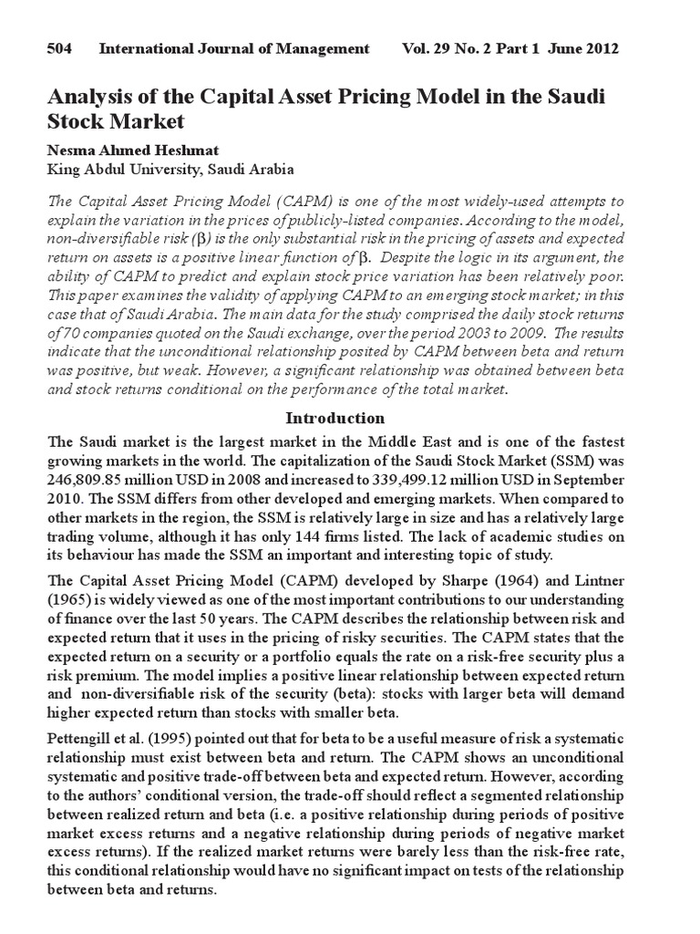 Analysis of The Capital Asset Pricing Models in The Saudi Stock Market ...