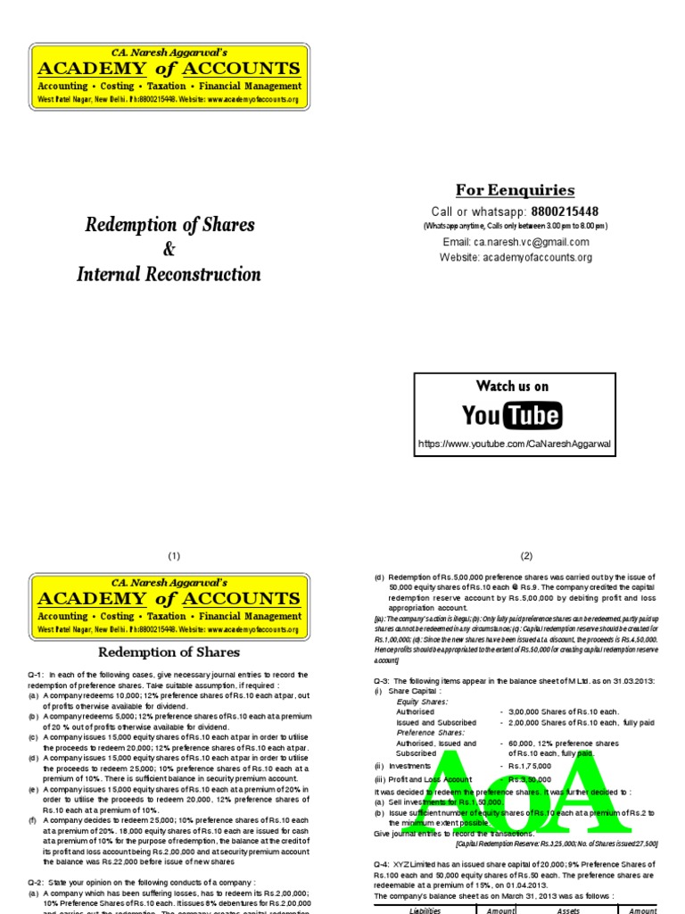 01 Redemption of Shares and Internal Reconstruction | PDF | Equity ...