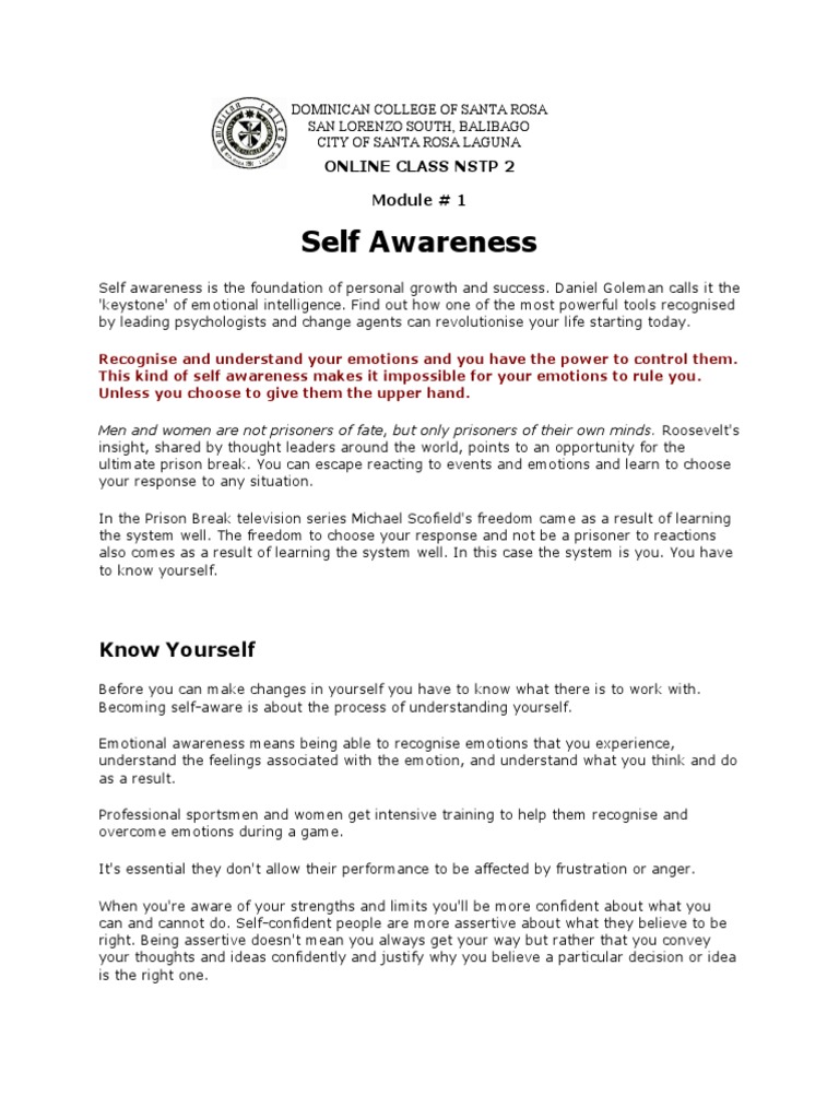 NSTP Online Class Module # 1 | PDF | Self Awareness | Feeling