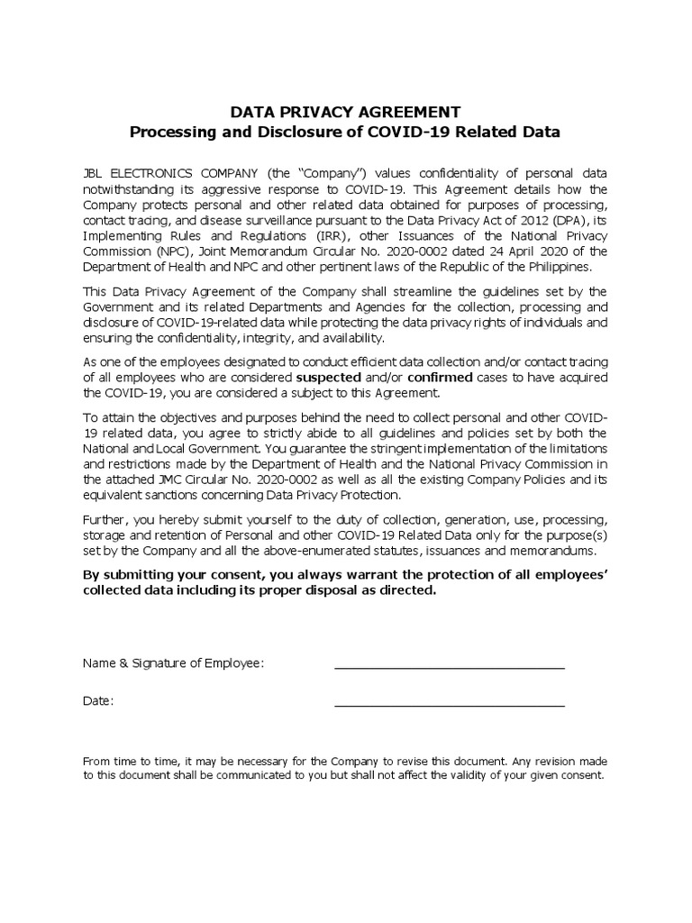 Dpa - Covid19 - Sample Work PDF | PDF | Privacy | Information Privacy