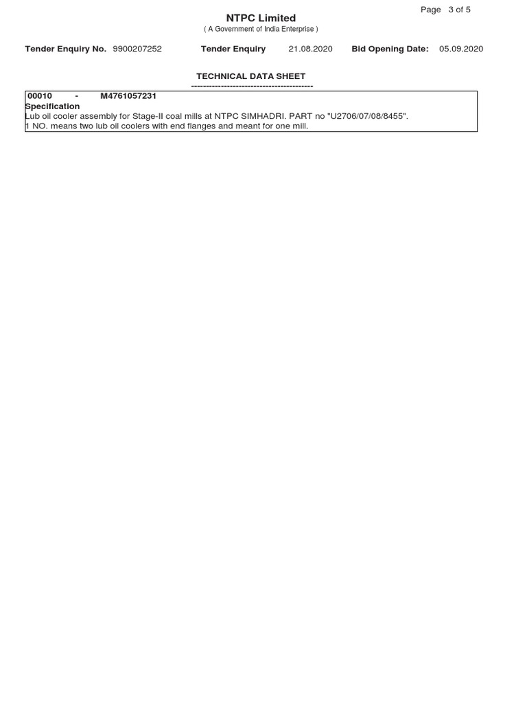 NTPC Limited: Tender Enquiry No. 9900207252 Tender Enquiry Bid Opening ...