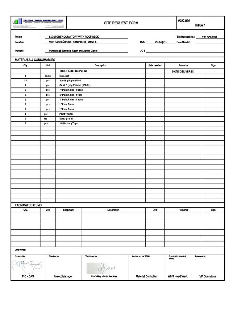 Site Request Form V3K-001 Issue 1: Materials & Consumables | PDF ...