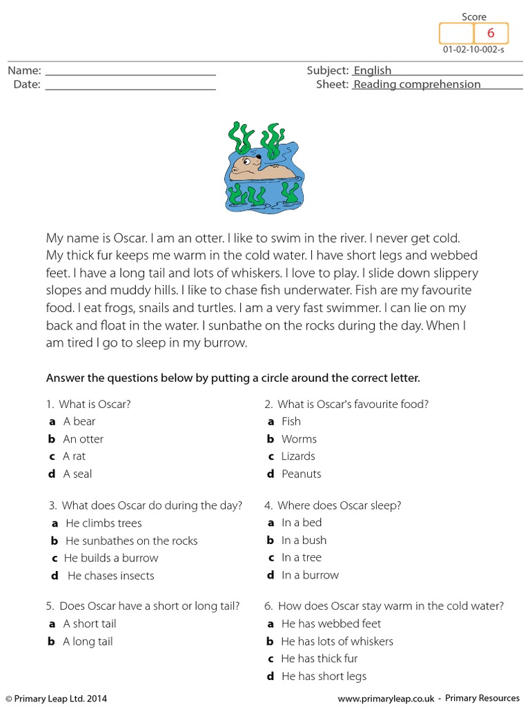 Oscar The Otter Reading Comprehension | PDF