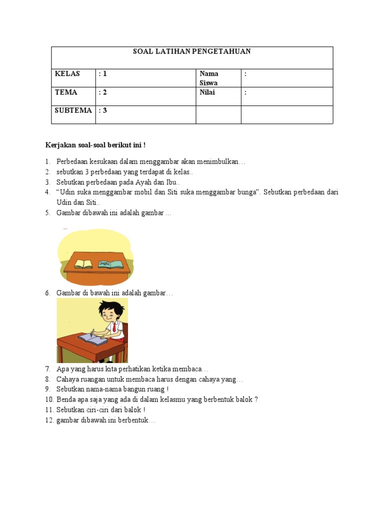Soal Latihan Pengetahuan Tema 2 Sub 3 Kelas 1 | PDF