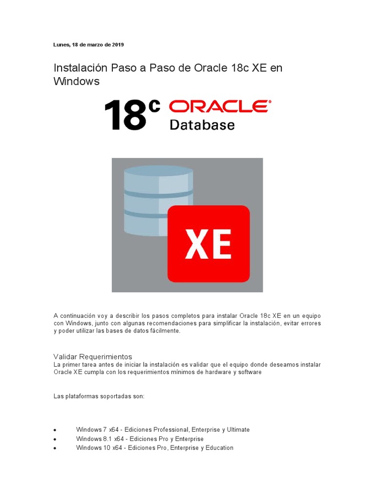 Instalación Paso A Paso de Oracle 18c XE en Windows | PDF | Microsoft Windows | Plataformas de ...
