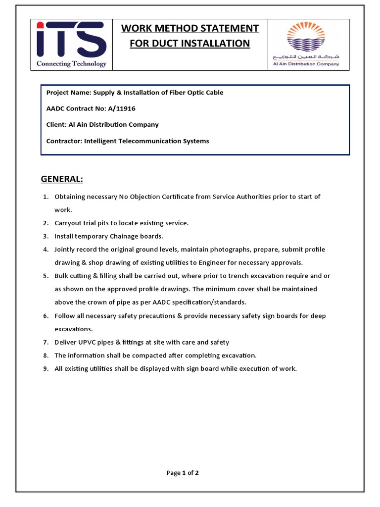 Work Method Statement For Duct Installation: General | PDF