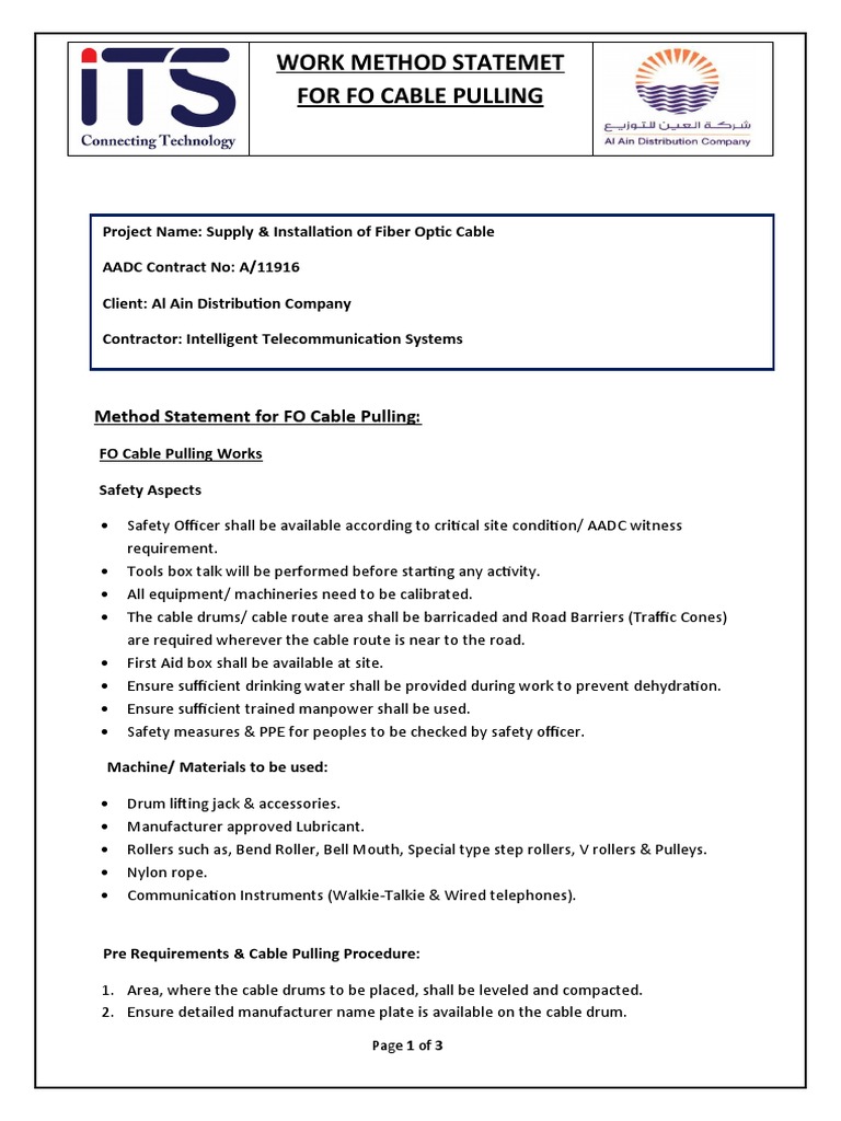 Method Statement For FO Cable Pulling | PDF | Equipment | Manufactured Goods