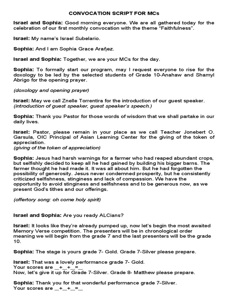 CONVOCATION SCRIPT FOR MCs | PDF | Religious Behaviour And Experience ...