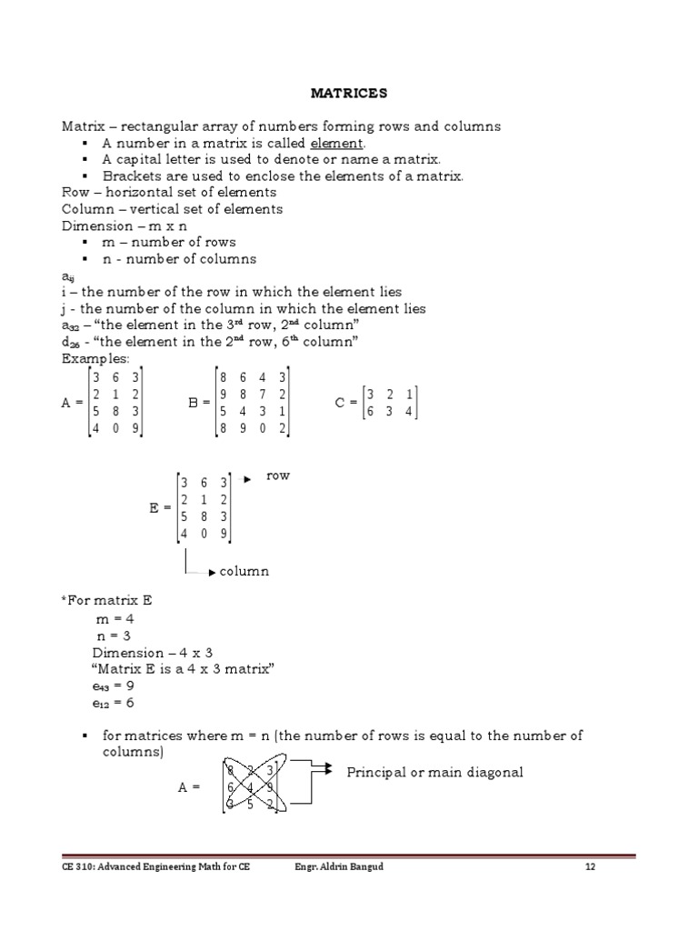 Matrices: CE 310: Advanced Engineering Math For CE Engr. Aldrin Bangud ...