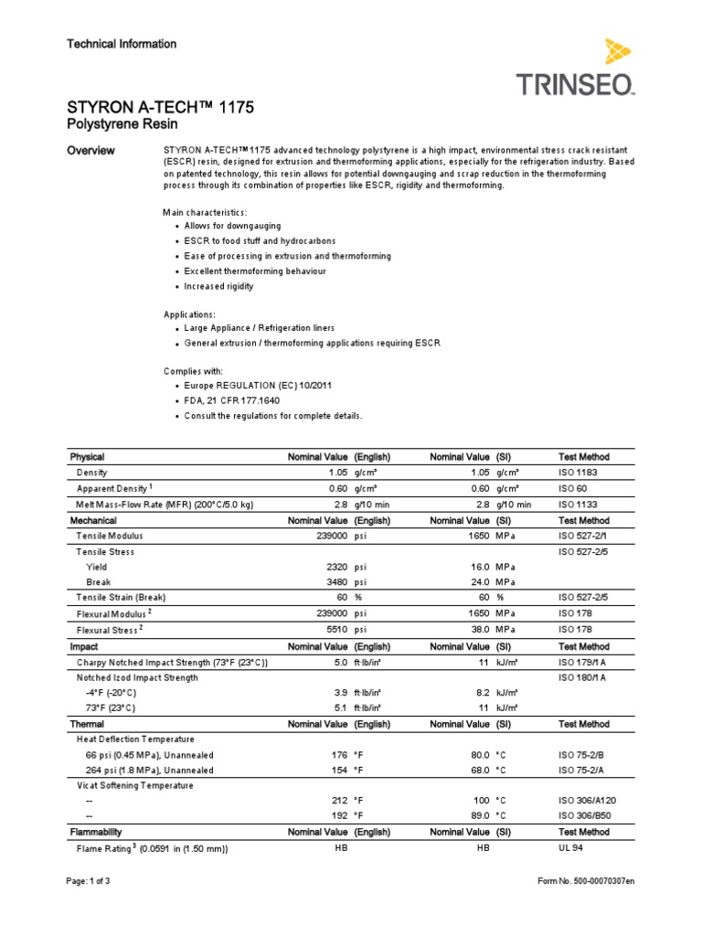 Styron ATECH 1175 Datasheet | PDF | Pascal (Unit) | Polystyrene