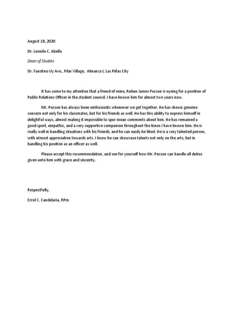 RECCOMENDATION LETTER Sample | PDF