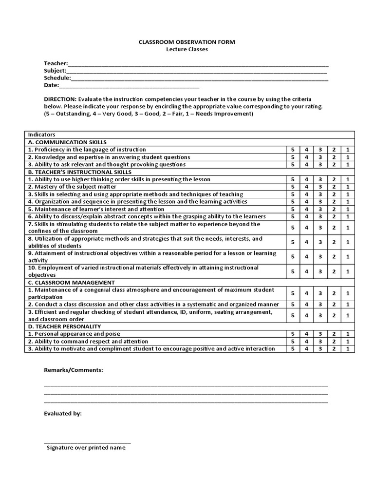 Classroom Observation Form | PDF | Classroom | Teachers