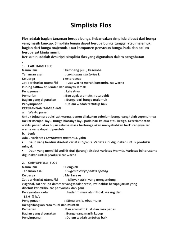 Deskripsi Simplisia Flos dalam Farmakognosi | PDF | Sains & Matematika