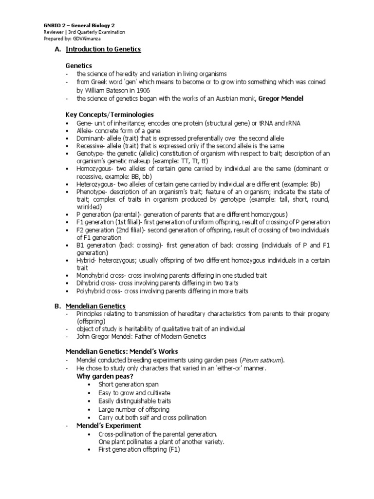 General Biology 2: 3rd Quarter Reviewer | PDF | Dominance (Genetics) | Sex