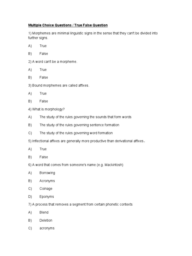 Morphology Quiz and Practice Questions | PDF | Morphology (Linguistics ...