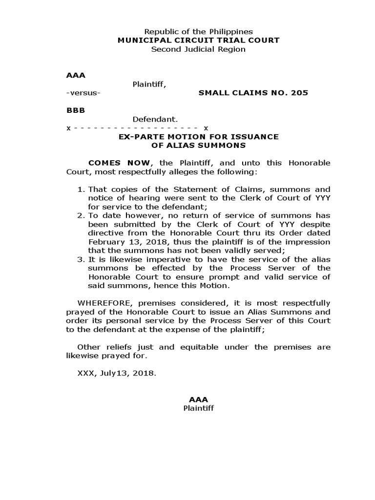 Motion For Issuance of Alias Summons1 | PDF | Law | Home & Garden
