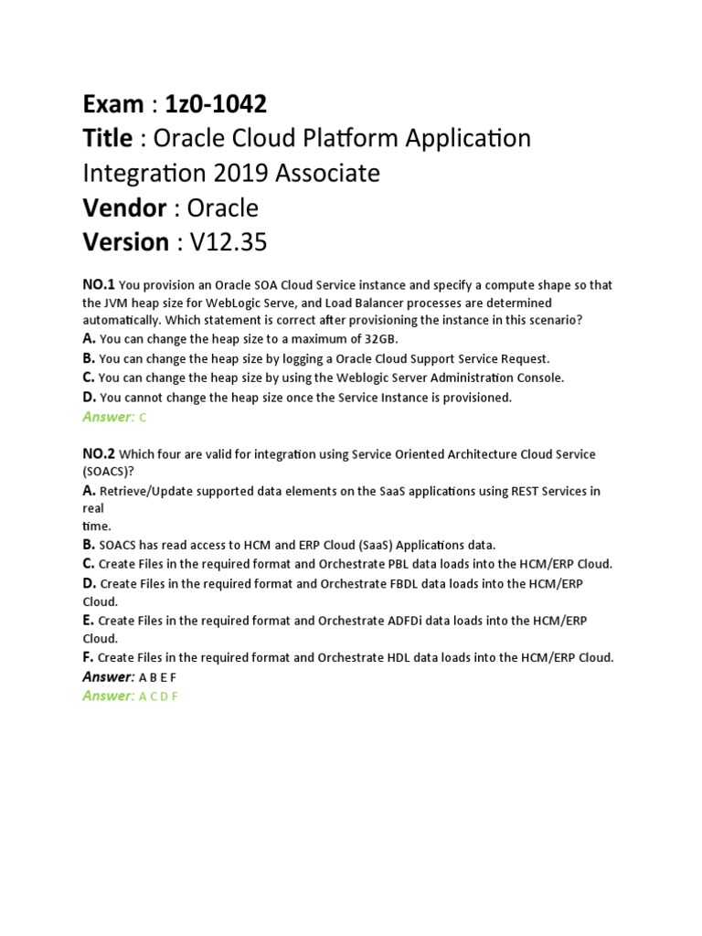 Integration 2019 Associate: Exam: 1z0-1042 Title: Oracle Cloud Platform ...