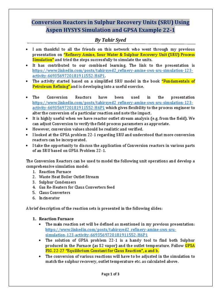 Sulphur Recovery, HYSYS, GPSA-Conversion Reactors | PDF | Chemical Processes | Materials