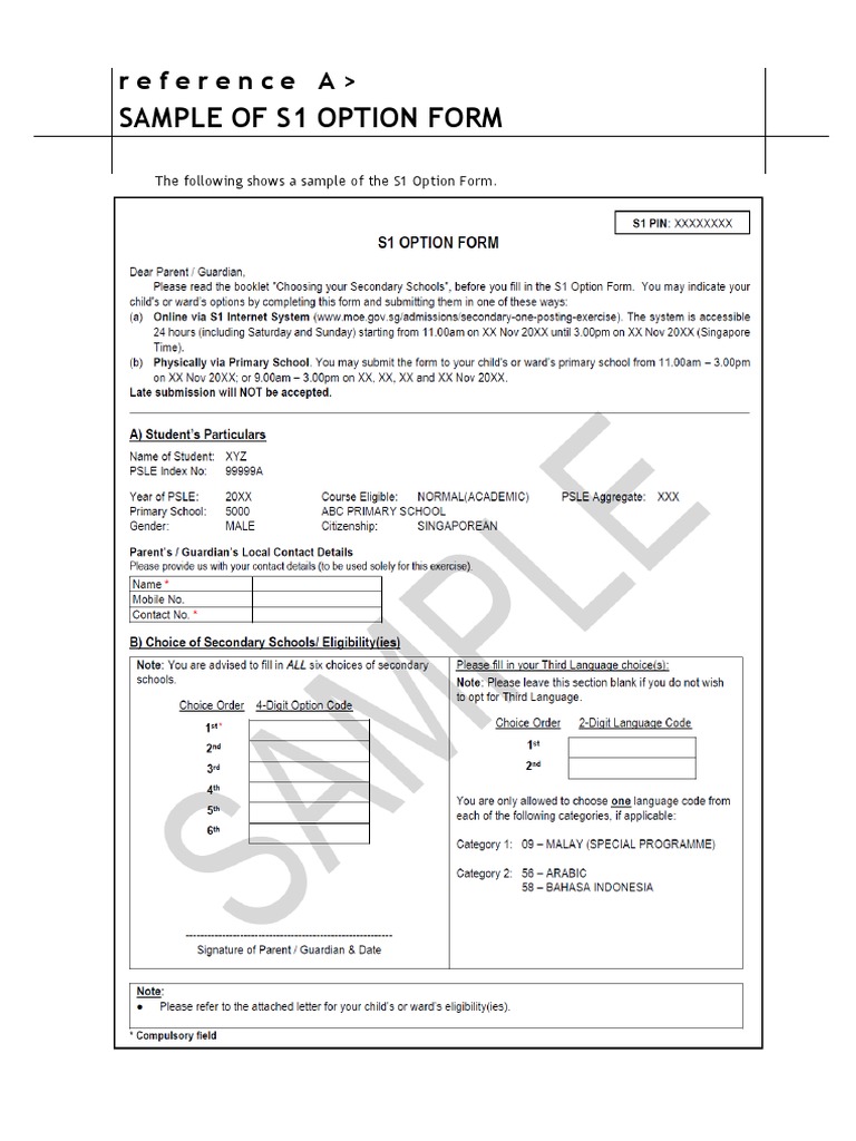 S1-Option-Form (Form To Fill Up Secondary School Choices Post PSLE) PDF ...