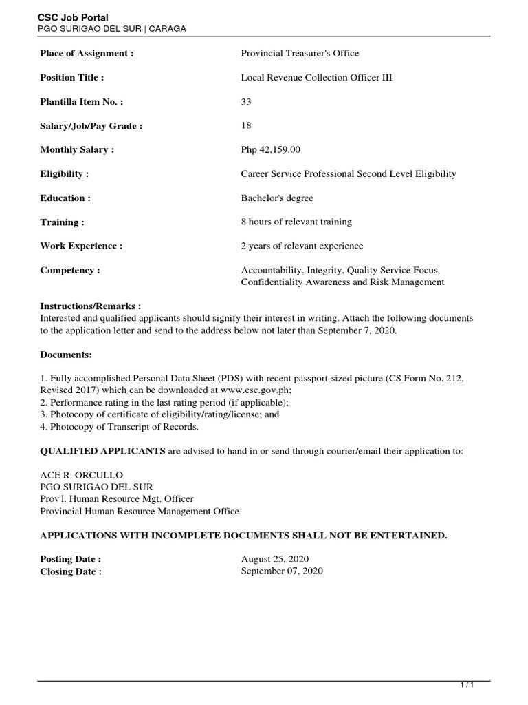 PGO SURIGAO DEL SUR-Local Revenue Collection Officer III | PDF | Business