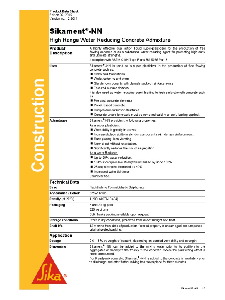 Sikament - NN: High Range Water Reducing Concrete Admixture | PDF ...
