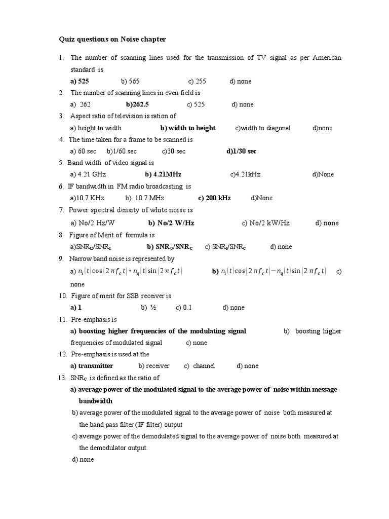Quiz Questions On Noise Chapter | PDF | Bandwidth (Signal Processing) | Filter (Signal Processing)
