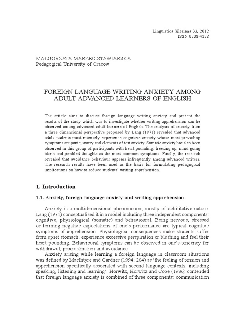 Writing Anxiety in Advanced English Learners | PDF | Self Efficacy ...