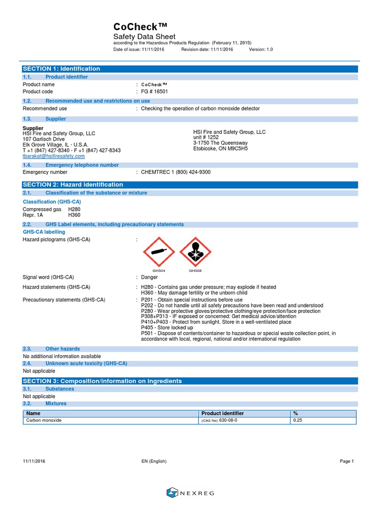 Cocheck™: Safety Data Sheet | PDF | Firefighting | Toxicity