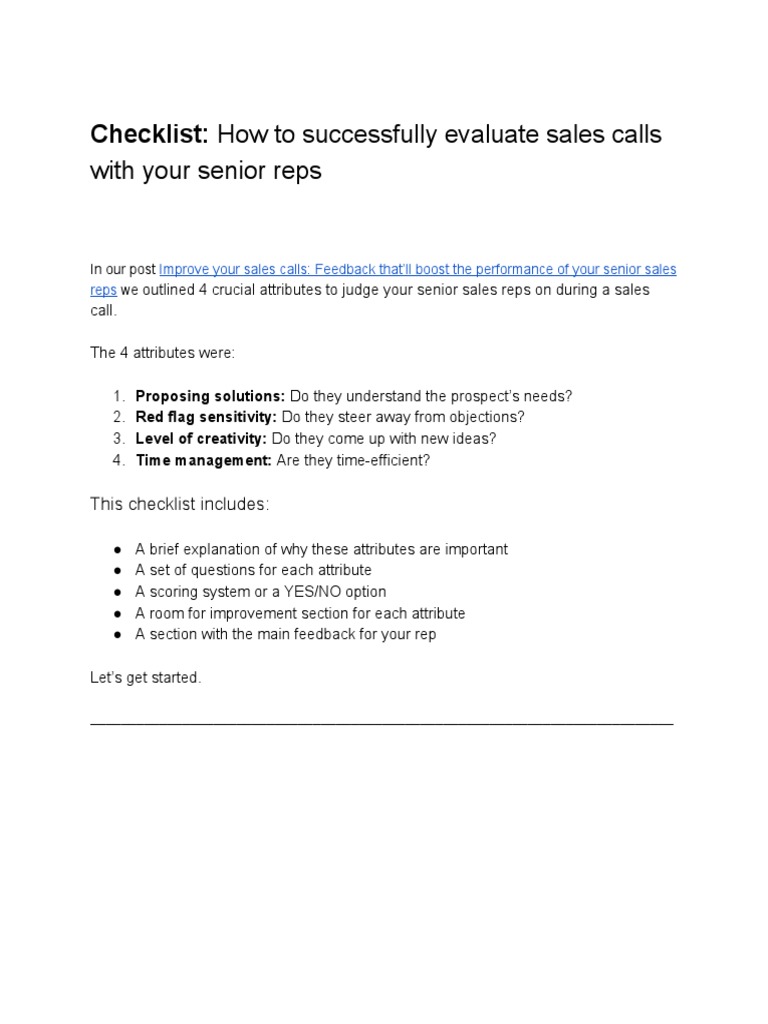 Call Review Checklist For Senior Sales Reps | PDF | Cognition ...