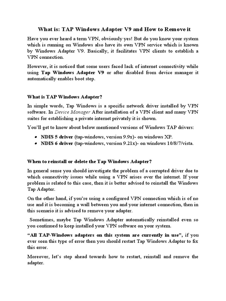 What Is: TAP Windows Adapter V9 and How To Remove It | PDF | Device ...