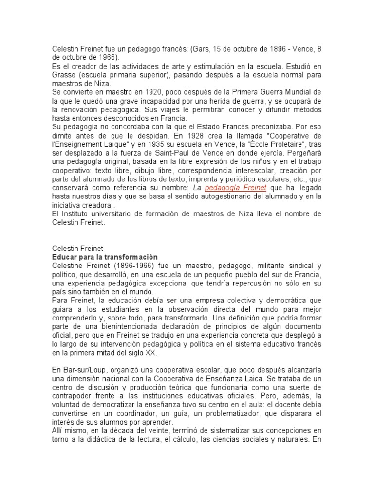 Celestin Freinet Fue Un Pedagogo Francés | PDF | Educación de la primera infancia | Aprendizaje