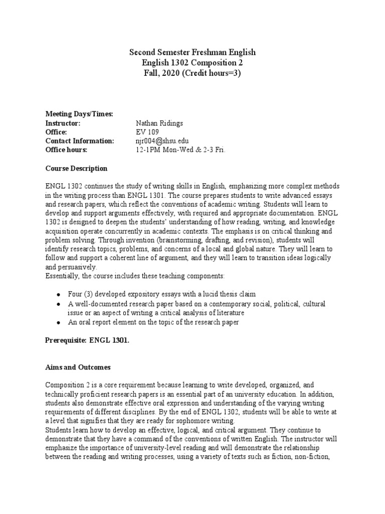 Second Semester Freshman English English 1302 Composition 2 Fall, 2020 ...