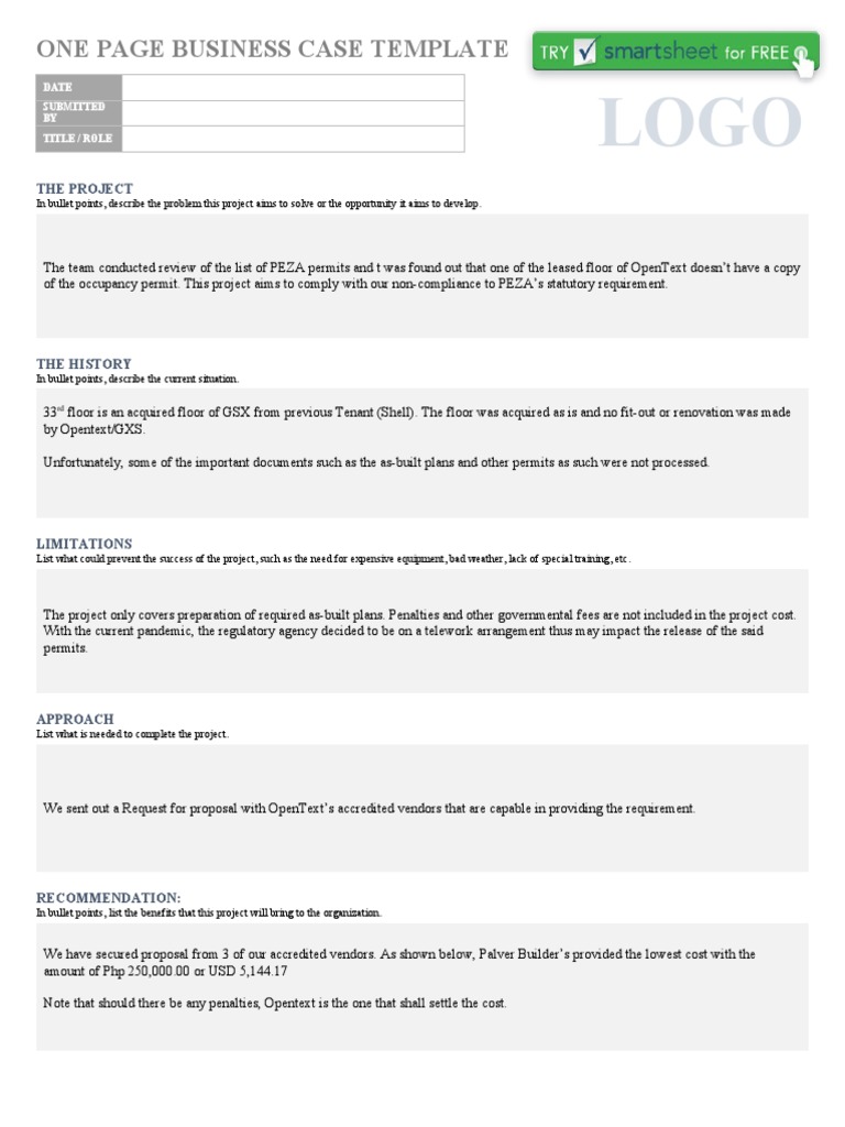 One Page Business Case Template | PDF