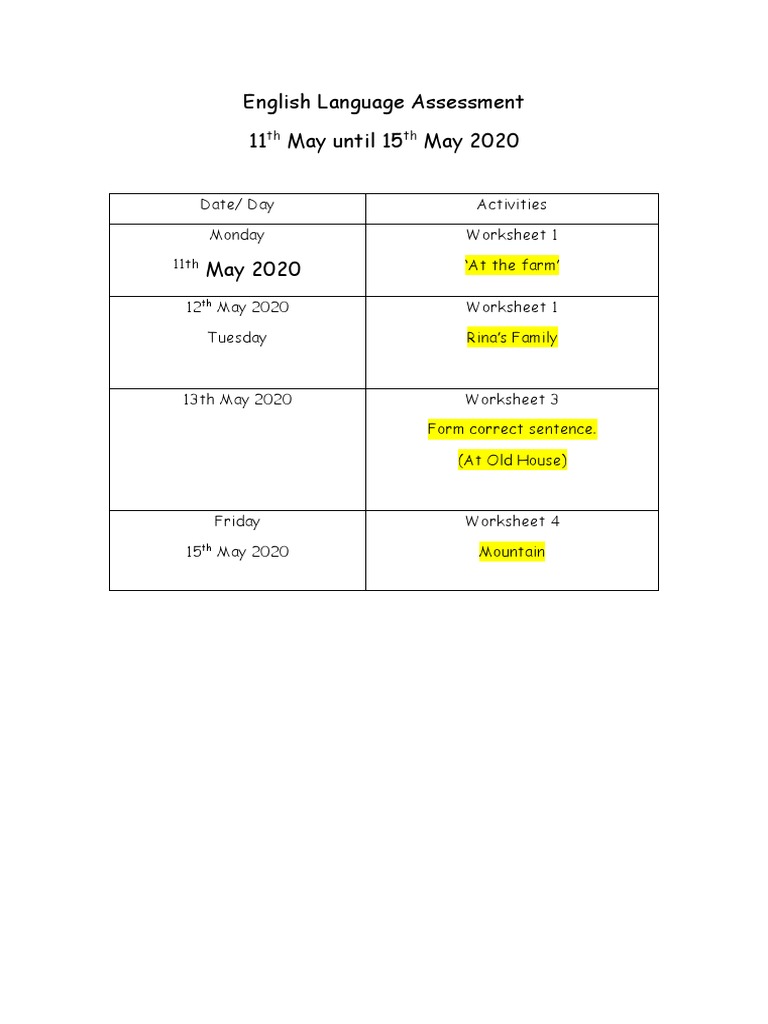 11 To 15th May 2020 Year 2 Assesment | PDF