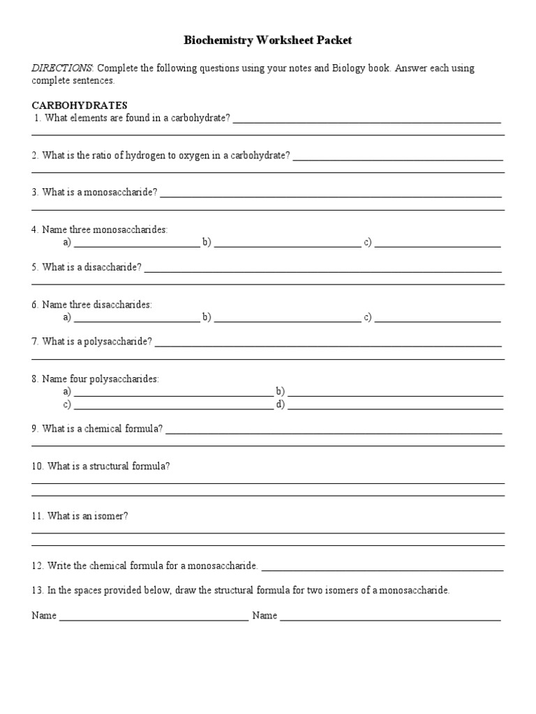 Biochemistry Worksheet Packet | PDF | Fatty Acid | Carbohydrates