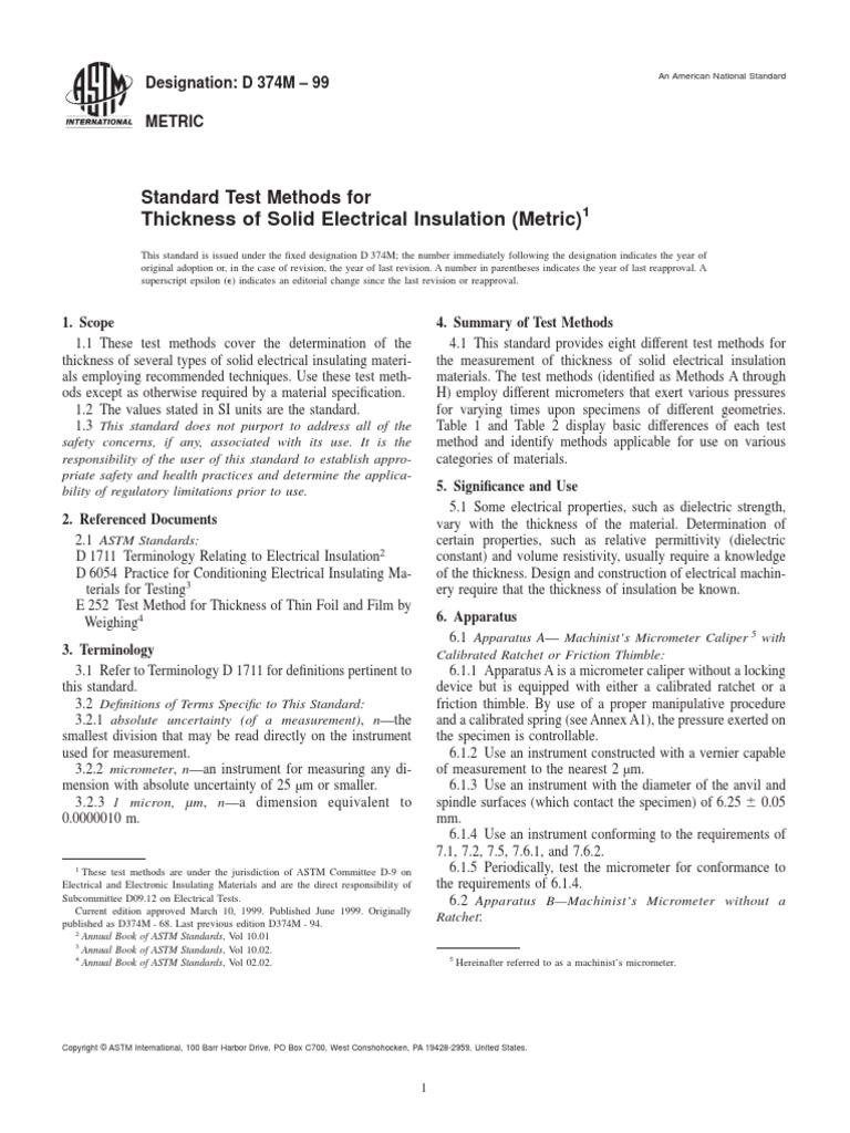 Thickness of Solid Electrical Insulation (Metric) : Standard Test ...