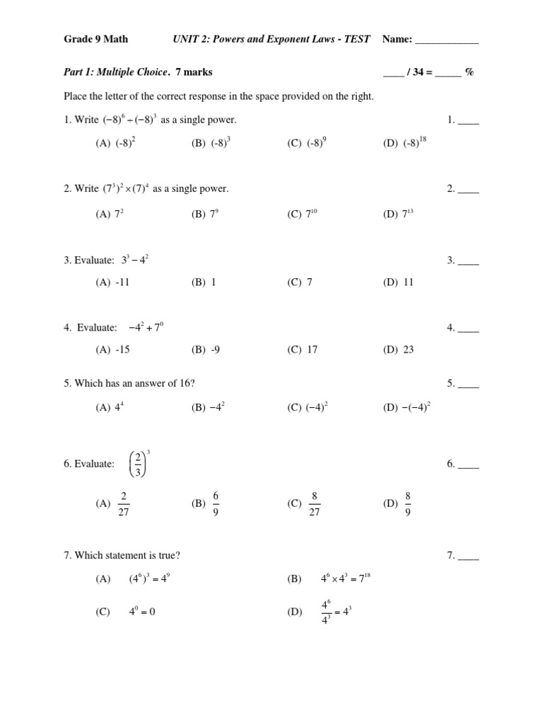 Grade 9 Math Powers and Exponent Laws Test | PDF | Exponentiation ...