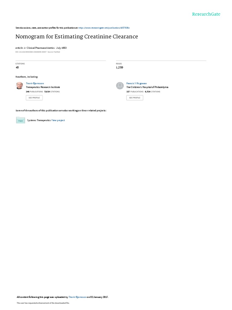 Nomogram For Estimating Creatinine Clearance: Clinical Pharmacokinetics ...