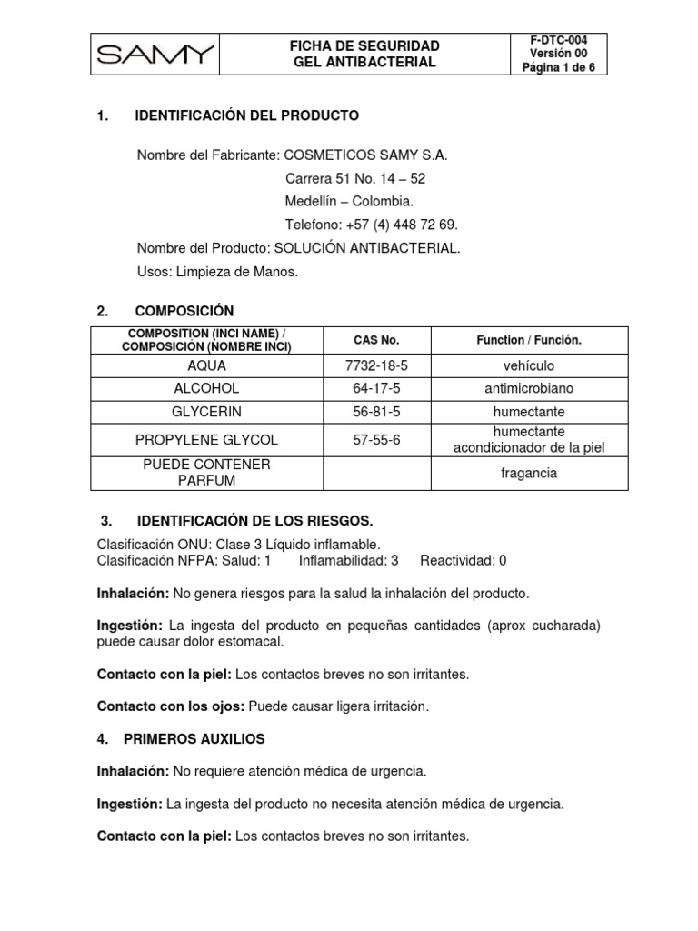 Ficha de Seguridad Solucion Antibacterial Samy | PDF | Toxicidad | Residuos