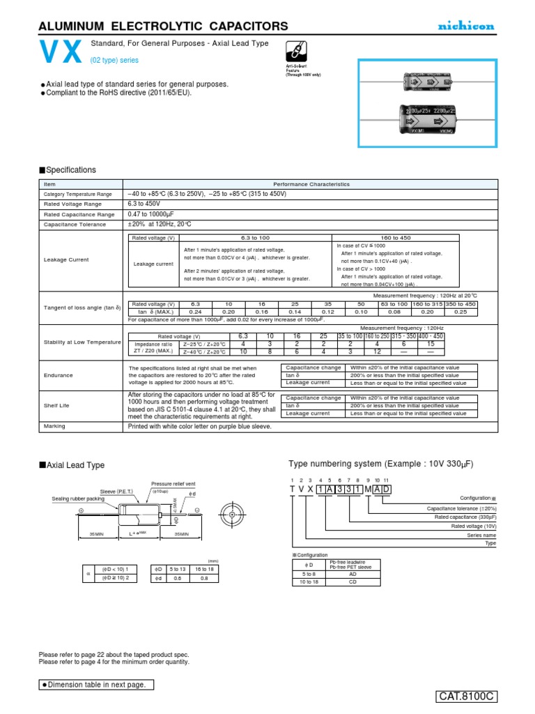 Aluminum Electrolytic Capacitors: Specifications | PDF | Capacitor ...