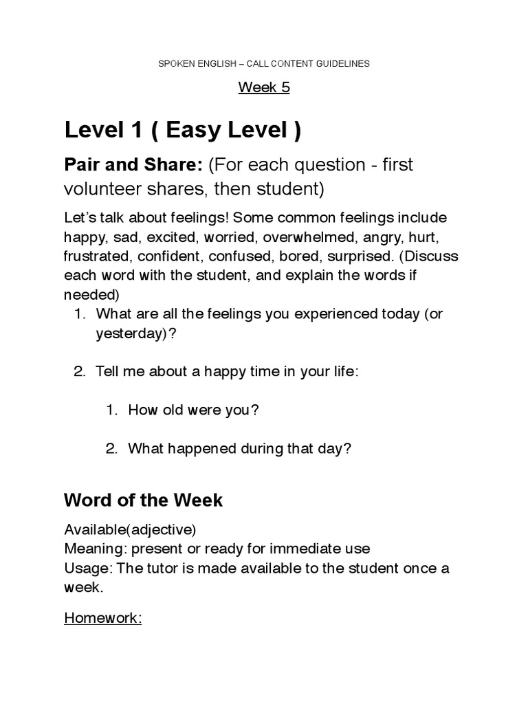Level 1 (Easy Level) : Pair and Share: (For Each Question - First | PDF ...