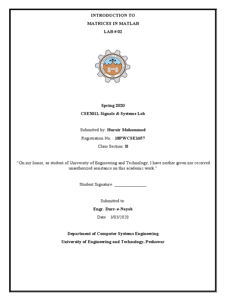 Introduction To Matrices in Matlab LAB # 02 | PDF | Matrix (Mathematics ...