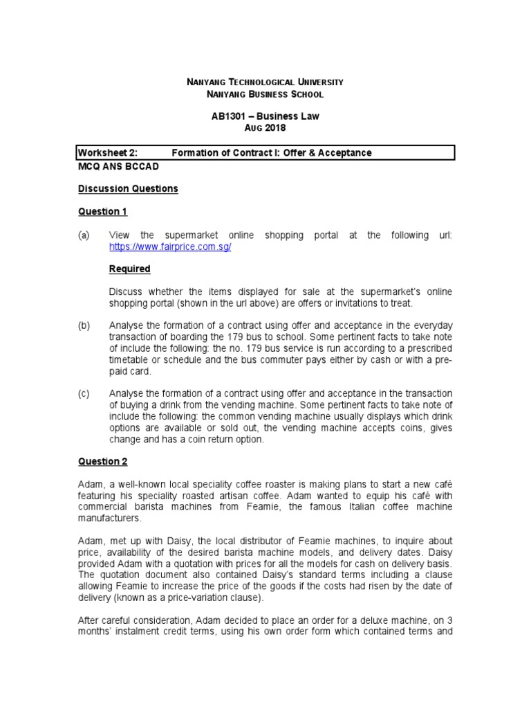 Seminar 2 Tutorial | PDF | Offer And Acceptance | Business Law