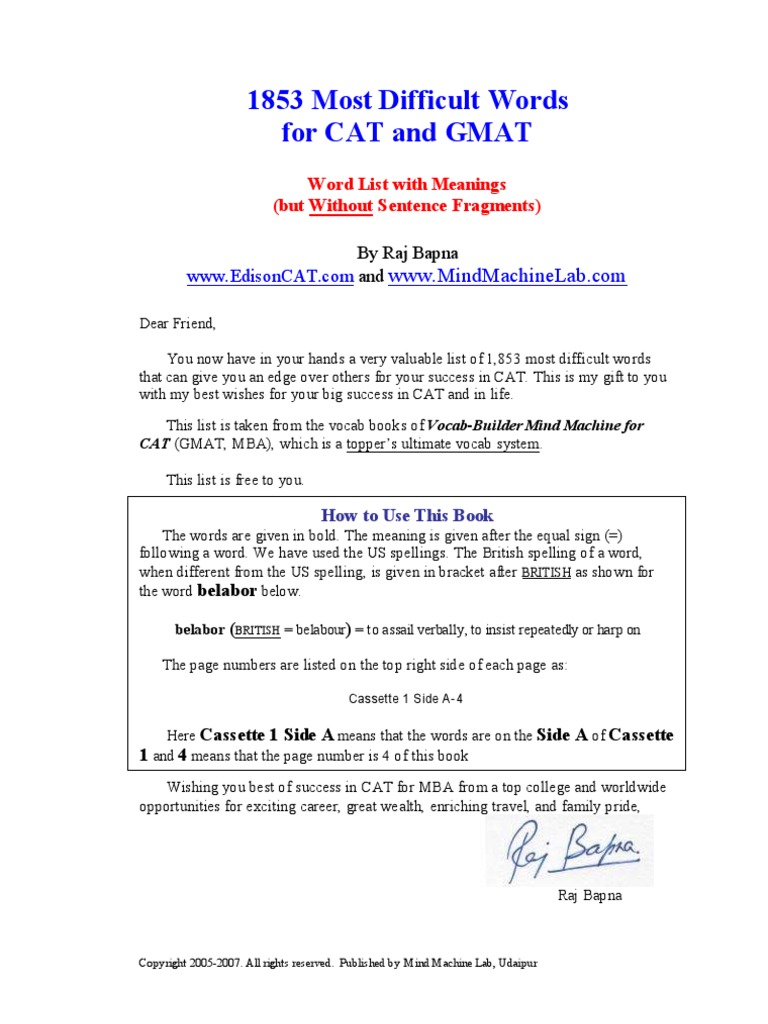 1853 Most Difficult Words For CAT and GMAT: by Raj Bapna and | PDF