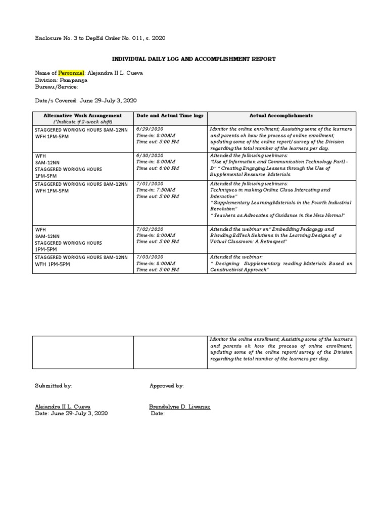Individual Daily Log and Accomplishment Report | PDF | Educational ...
