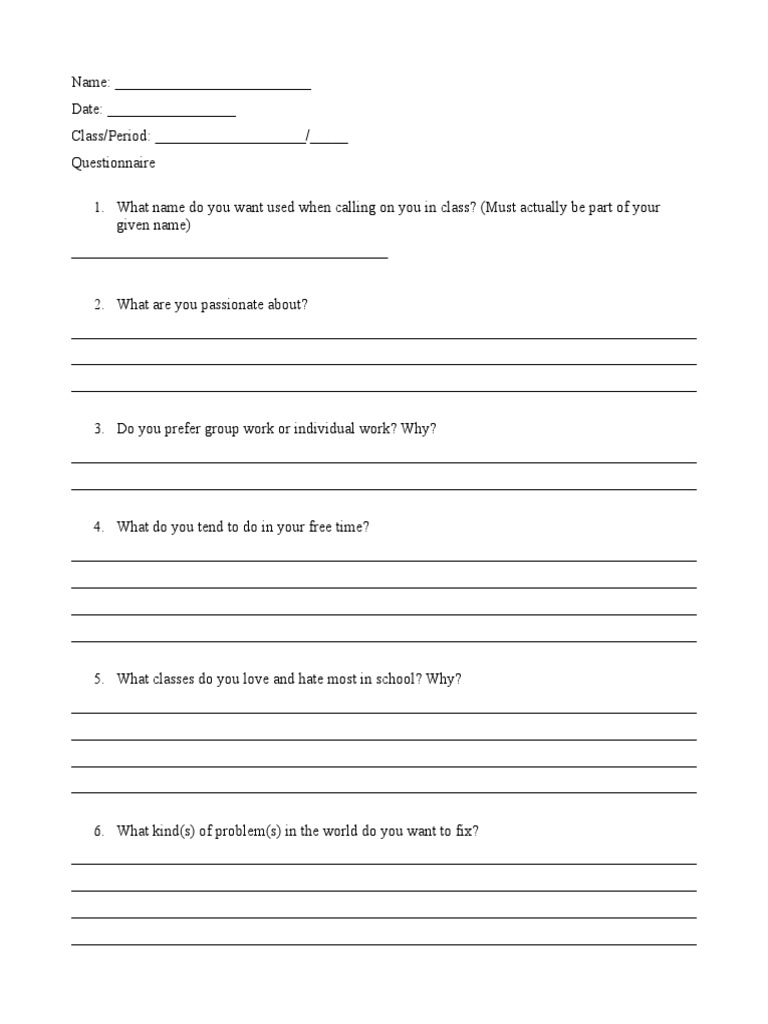 Opening Questionnaire | PDF | Psychological Concepts | Behavioural Sciences