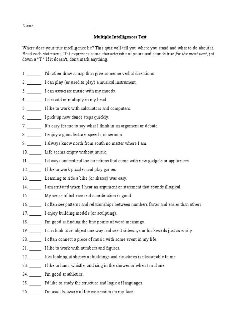 Multiple Intelligence Quiz | PDF | Mental Processes ...